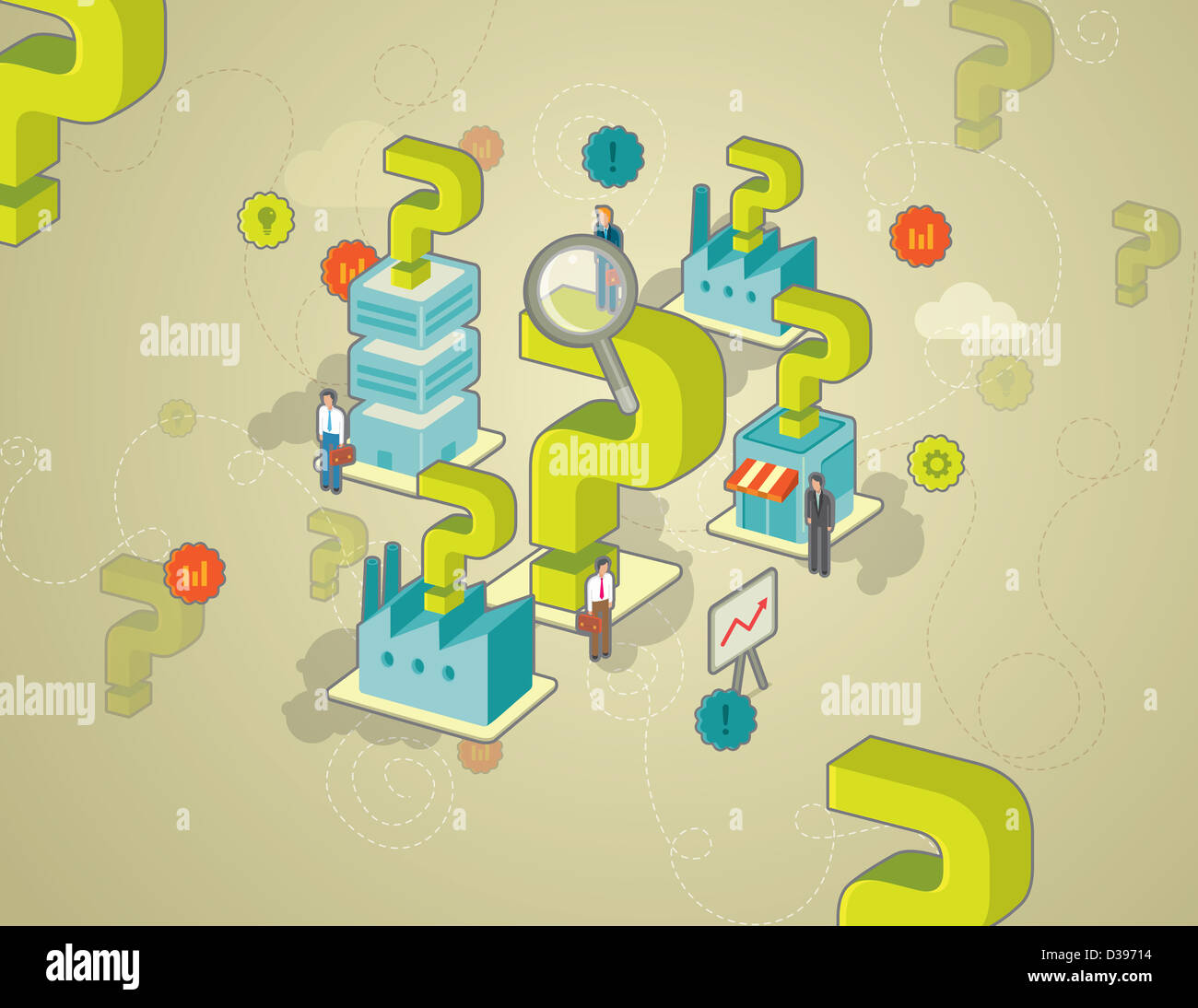 Illustration of buildings and industries with question mark surrounded ...