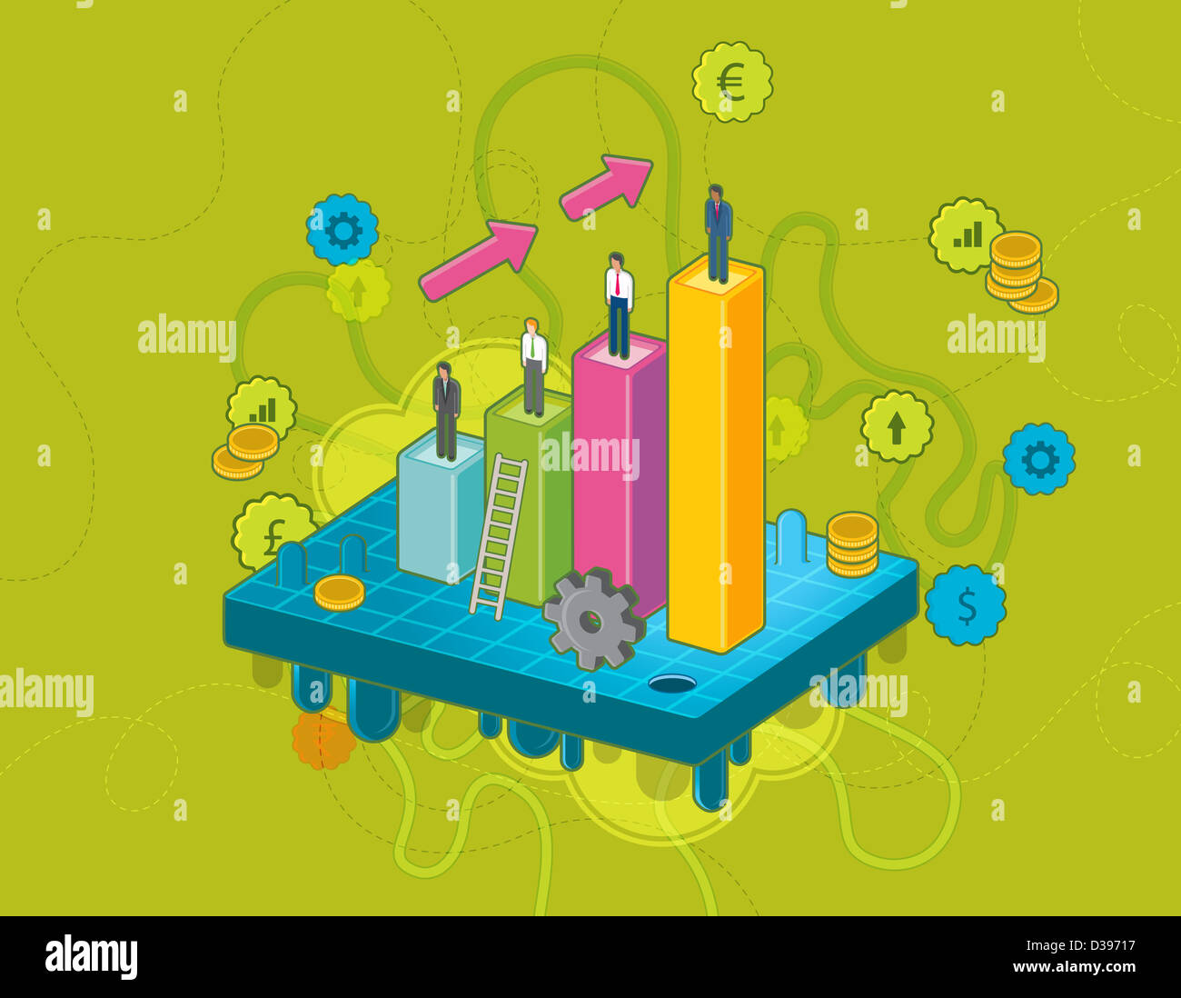 Illustration of businesspeople standing on bars depicting progress ...