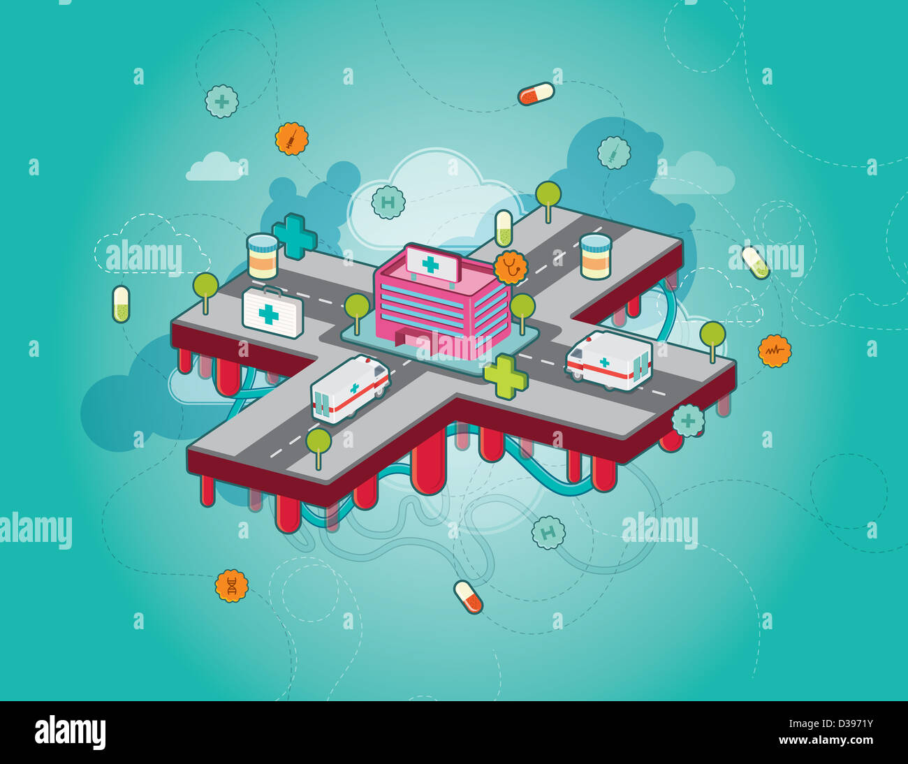 Illustrative shot of hospital building on cross shape surrounded by ...