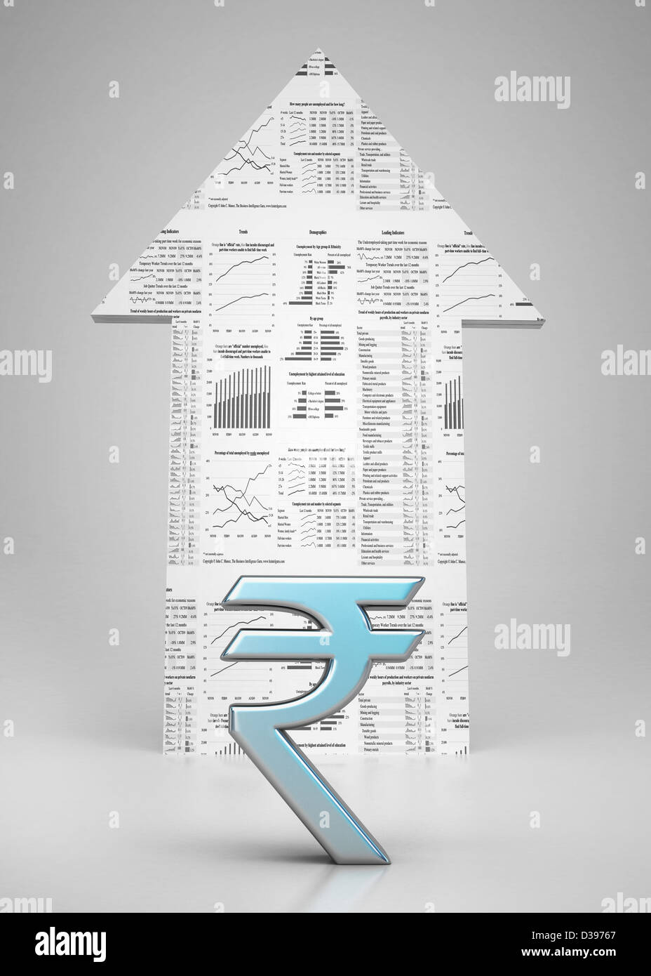 Conceptual shot of rupee symbol with arrow sign over colored background ...