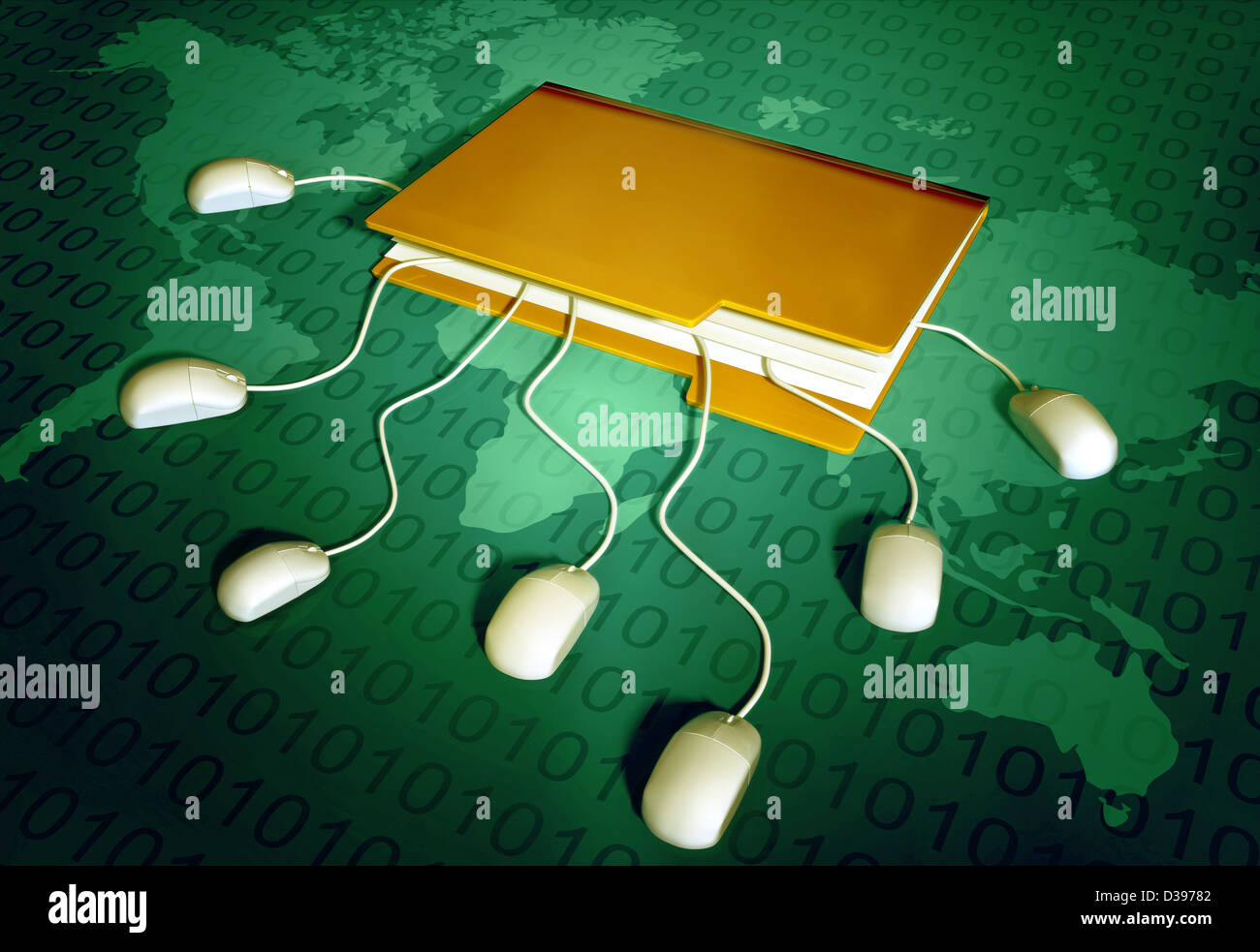 Illustration of folder with multiple computer mice over world map Stock ...