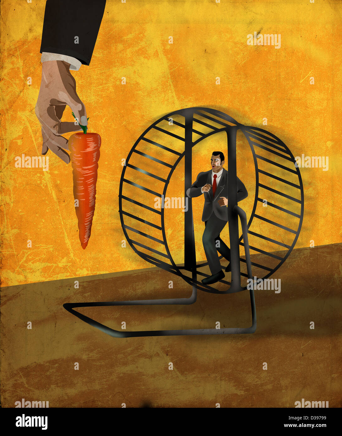 Illustrative image of business person running in exercise wheel to get ...