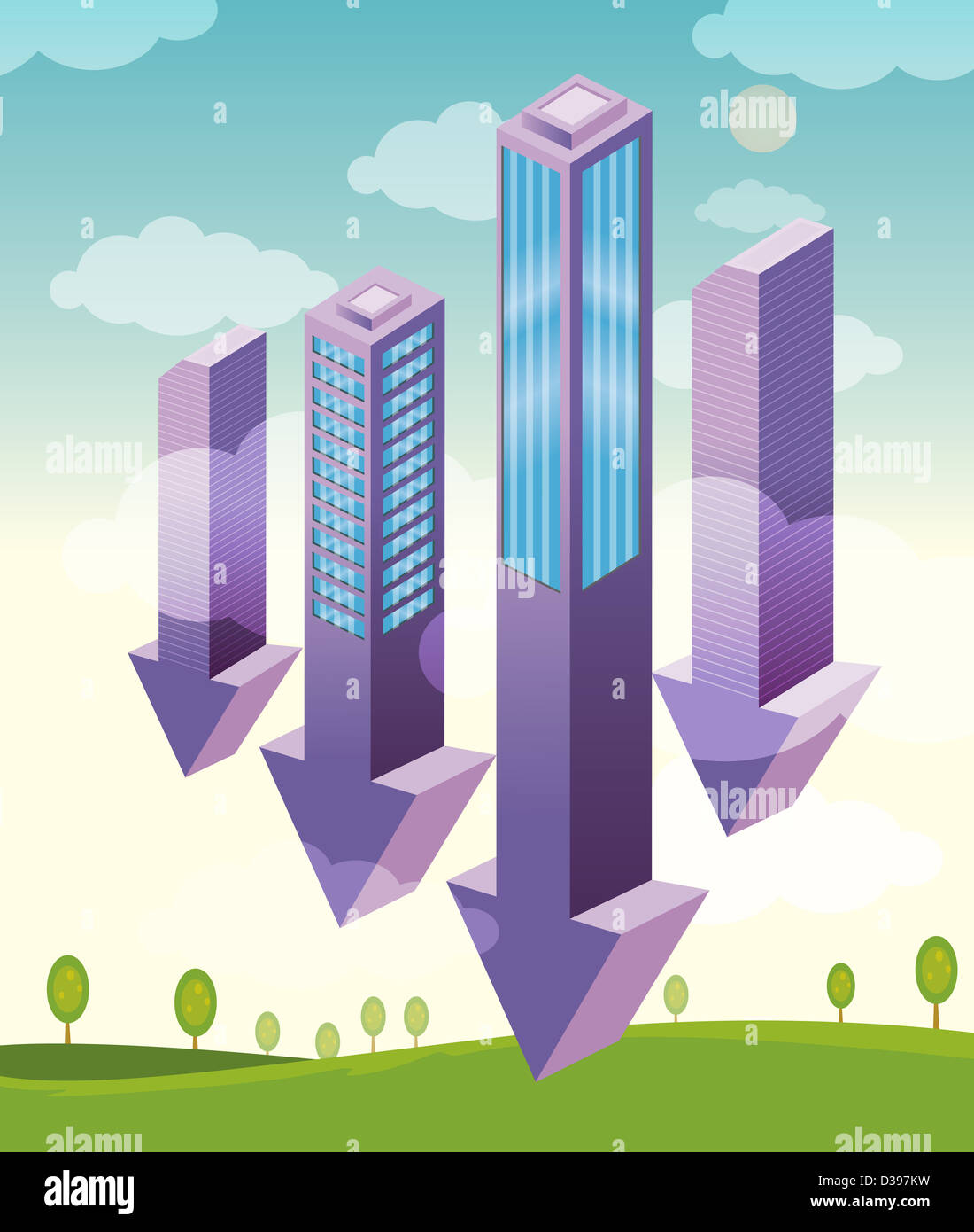 Bar graphs in arrow shape moving downwards depicting economic recession ...