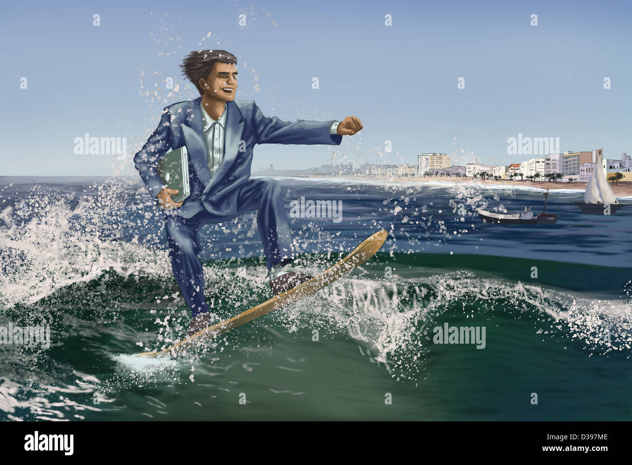 Male executive on surfboard with laptop riding the waves on business ...