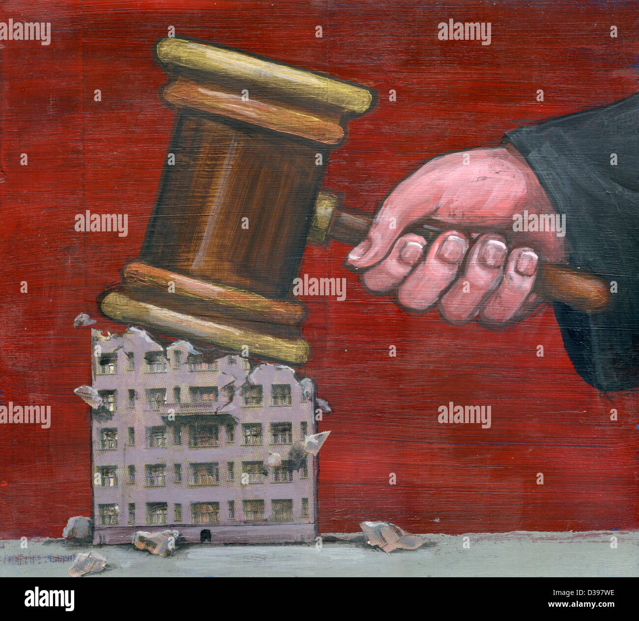 Hand on judge with gavel smashing on residential structure over red ...