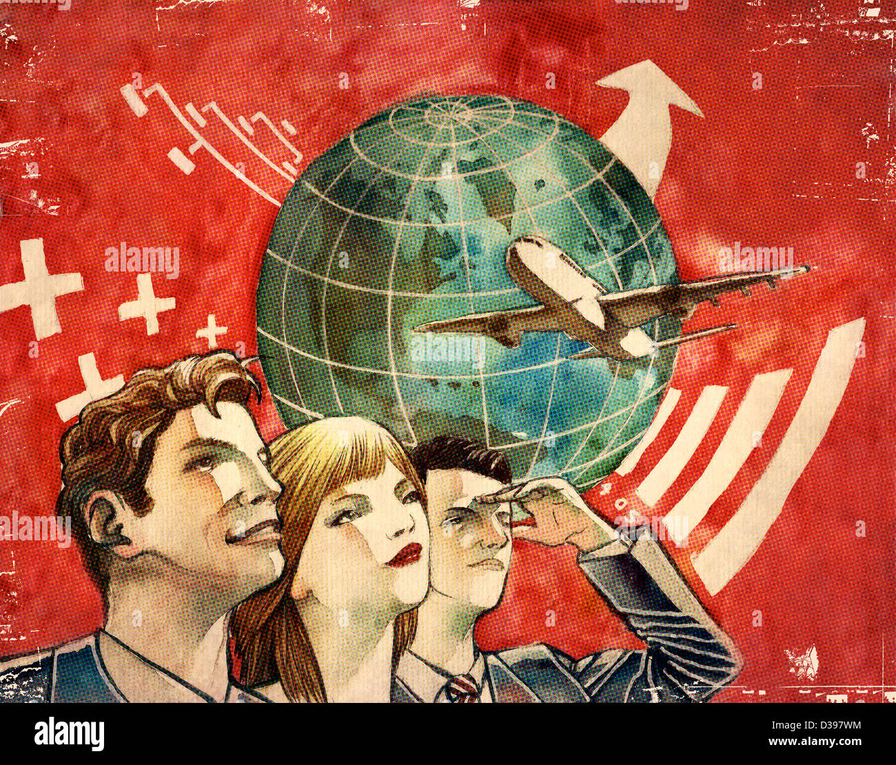 Male and female professionals with globe and aircraft depicting global ...