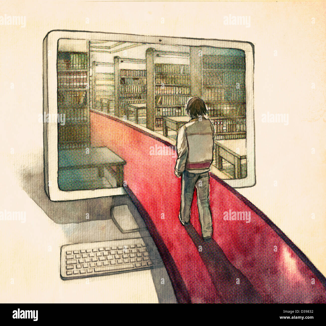 Rear view of a man walking down the red lane into the computer monitor ...