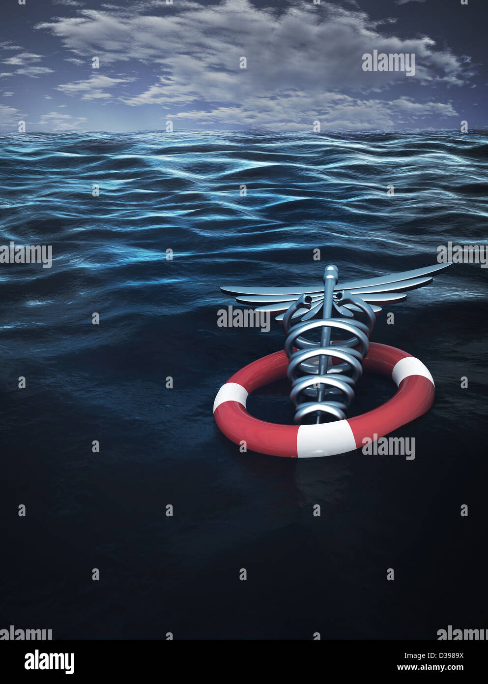 Caduceus symbol with inflatable tube floating on water representing ...