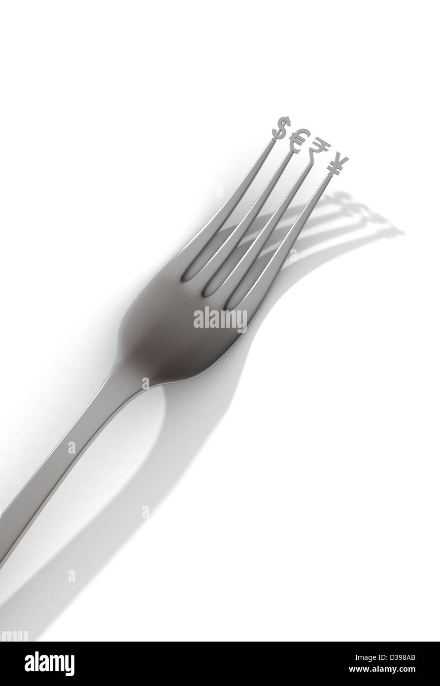 Fork with major global currency symbols isolated over white background ...