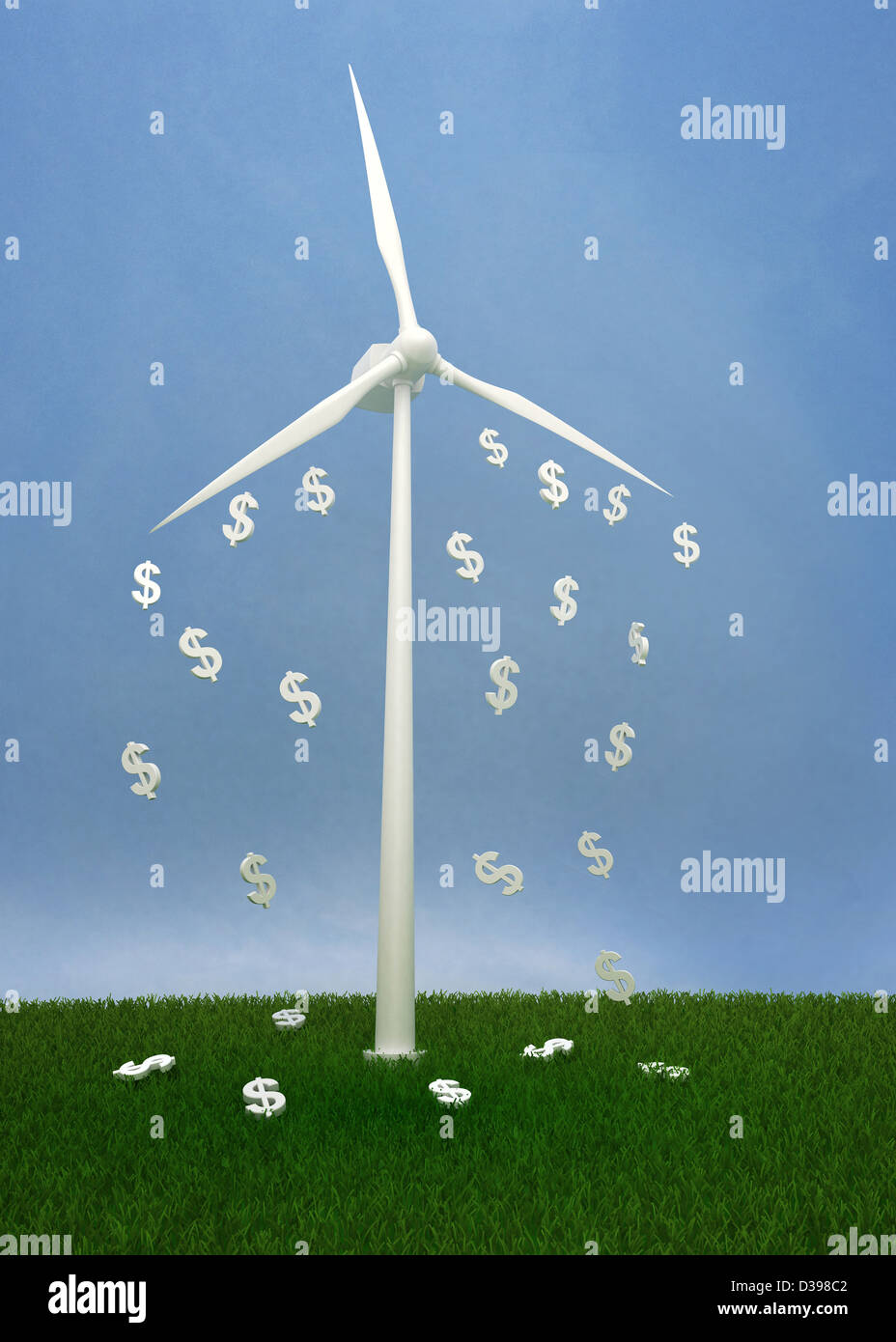 Dollar sign falling from wind turbine against clear sky depicting the ...