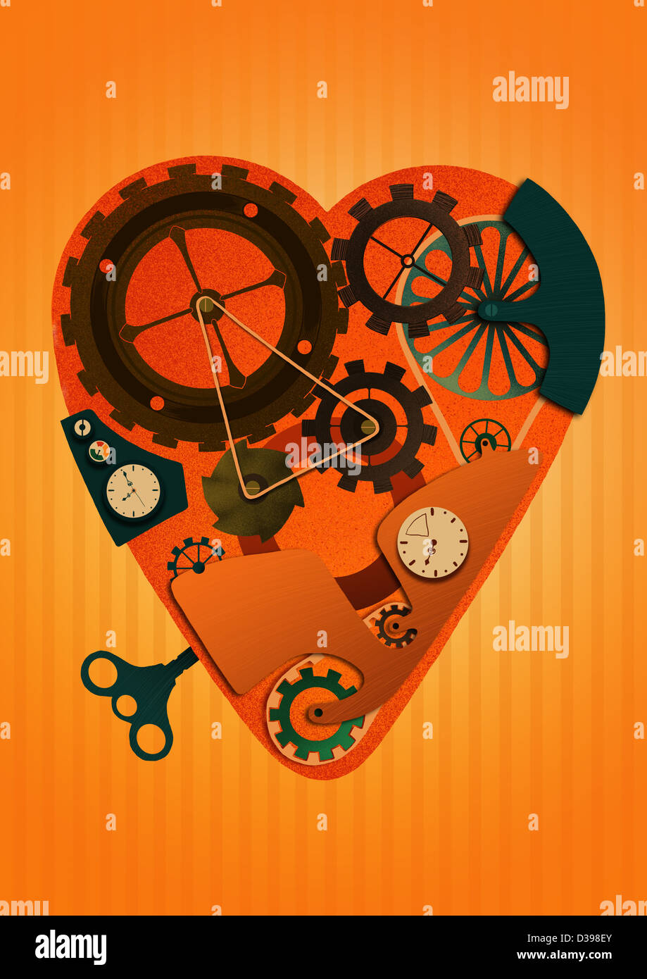 Heart shaped machine with wind-up key over colored background ...