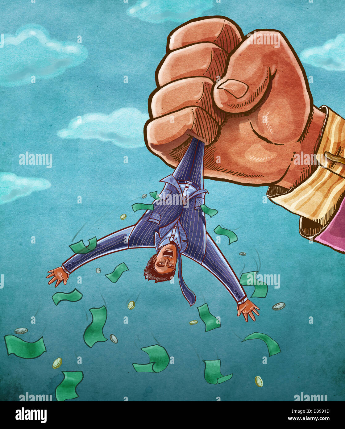 Illustrative image of hand holding businessman's legs while money ...