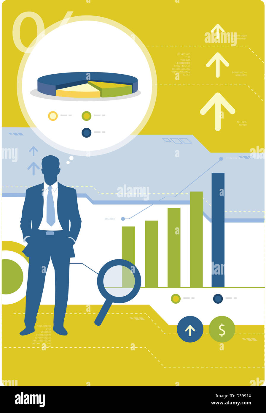 Illustrative image of businessman with magnifying glass and charts ...