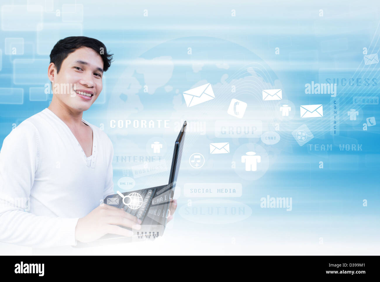 Asian Man With Laptop Technology Background Stock Photo - Alamy
