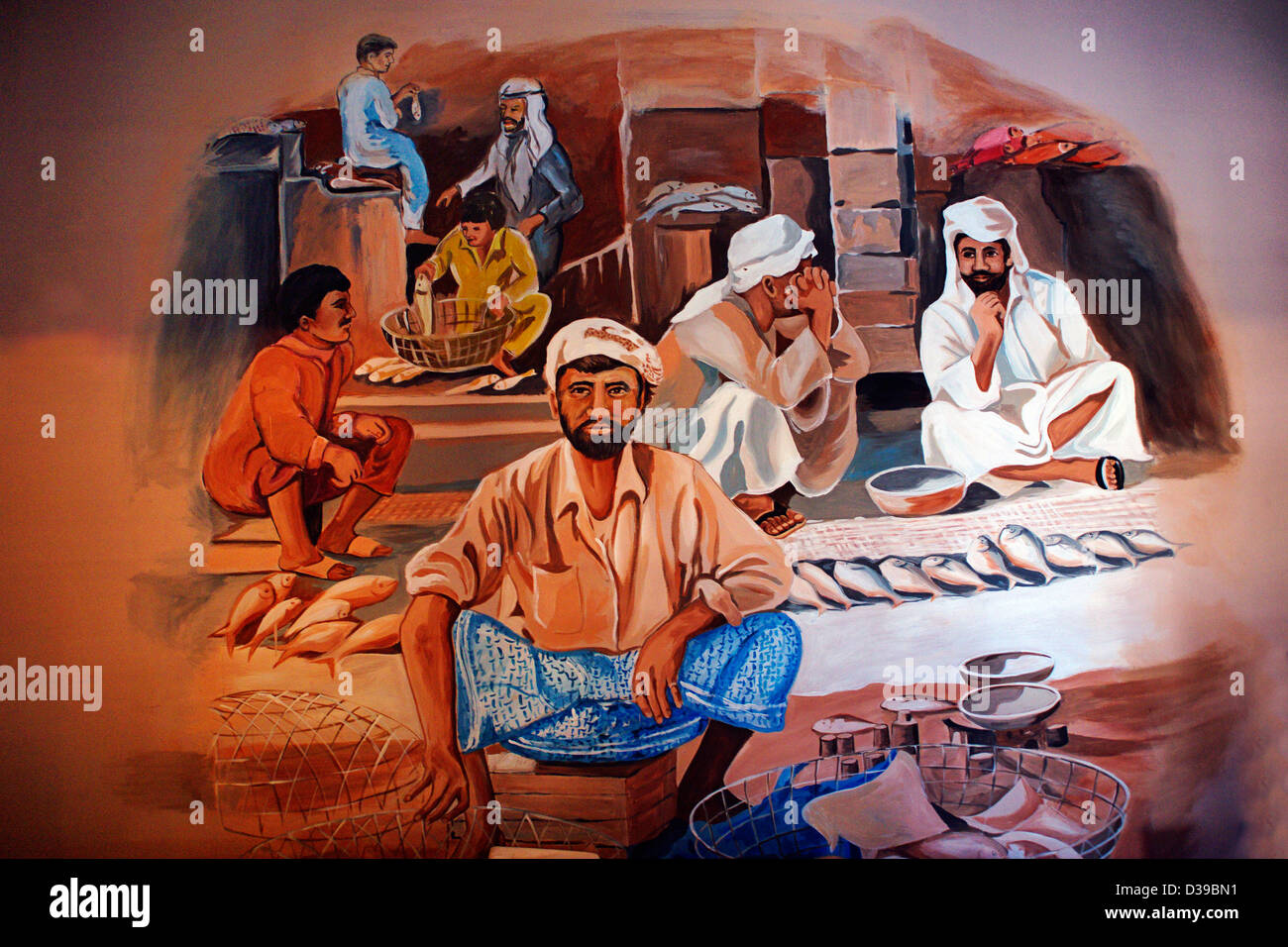UAE Emirate of Dubai wall painting representing the old fish market ...