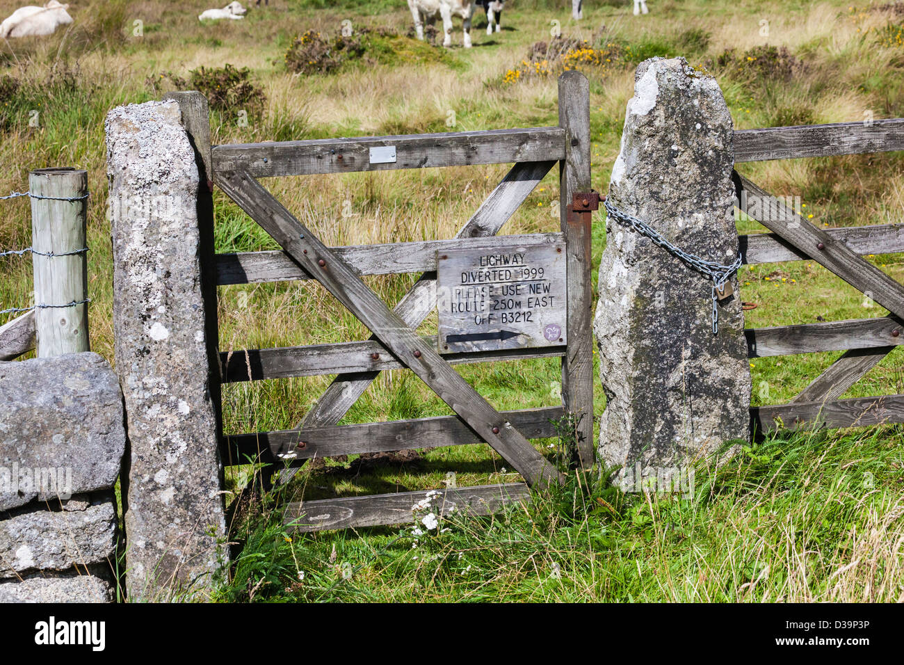 Gate on Dartmoor with a diverted footpath sign, near Two Bridges on the ...
