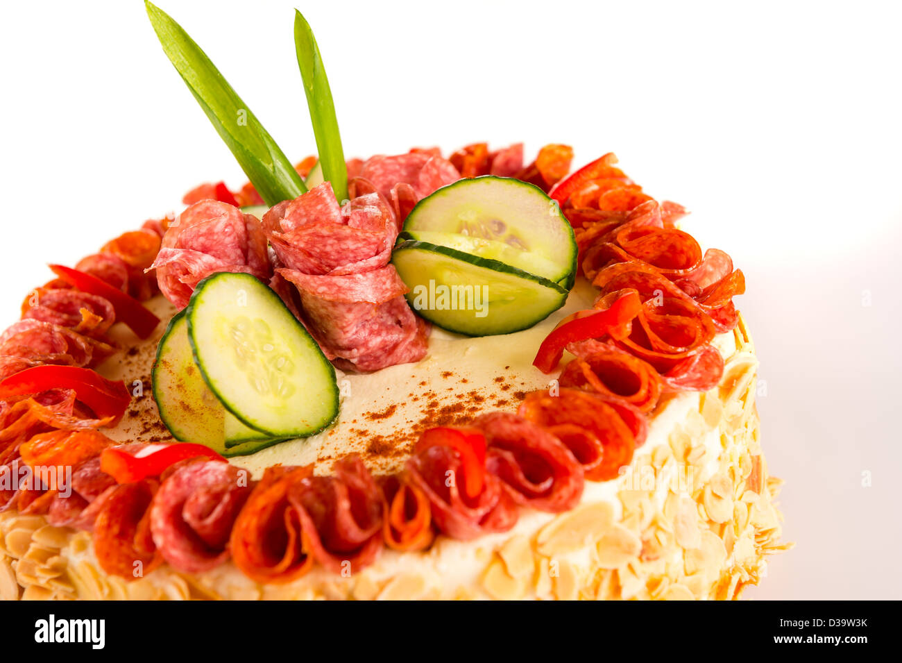 Savory salami pie bread and almonds salted appetizer cake Stock Photo ...