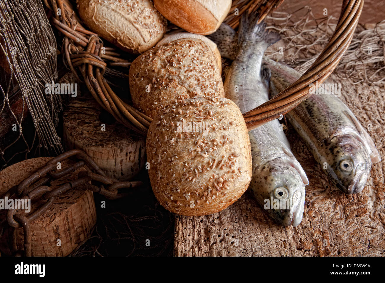 Vintage still life of fresh fish and loaves of bread Stock Photo - Alamy
