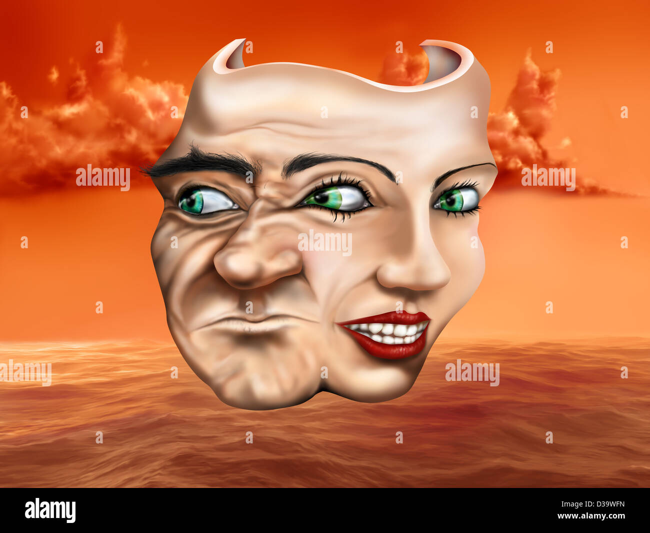 Surreal schizophrenic theater mask depicting mixed emotions Stock Photo ...