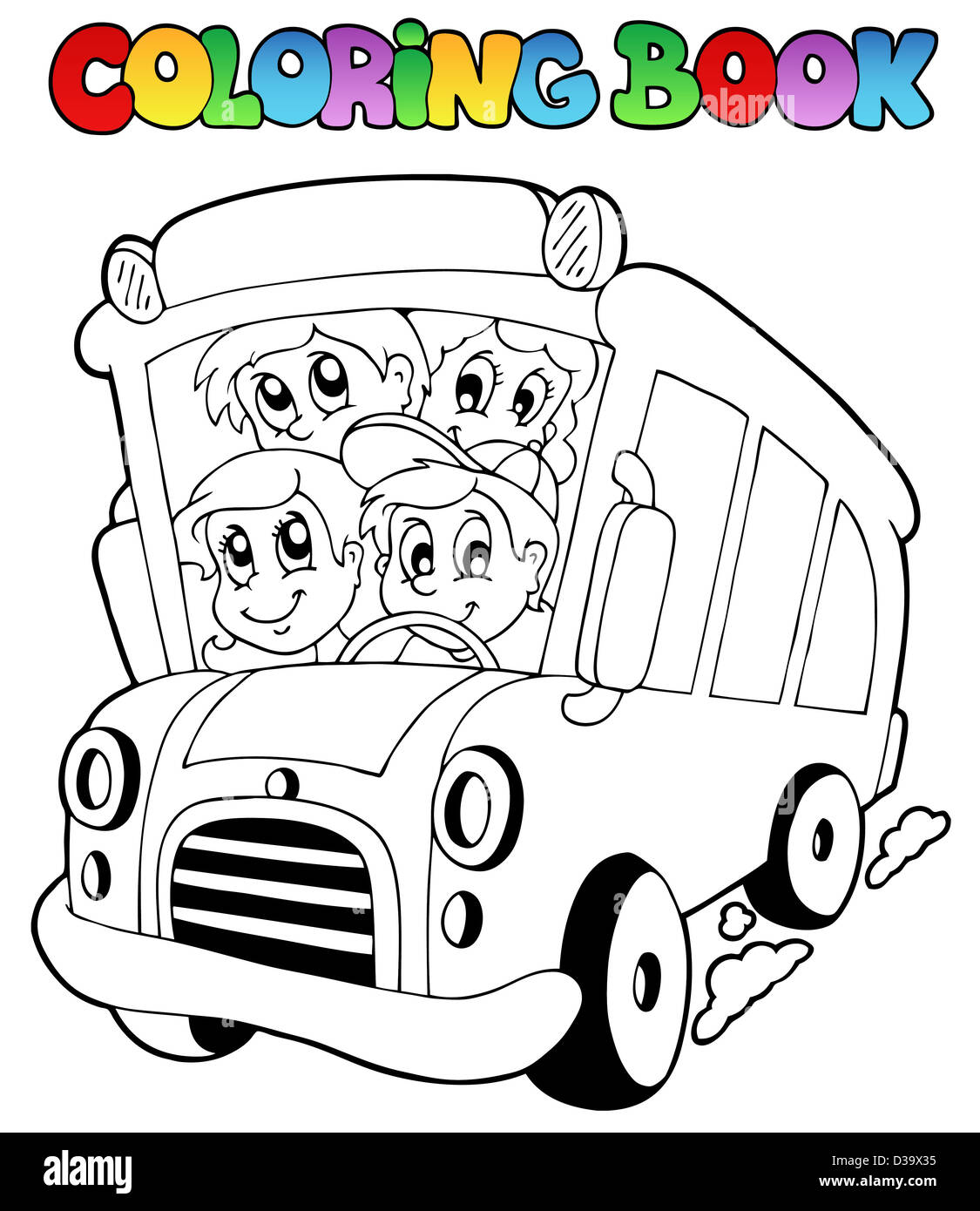 Coloring book with bus and children - thematic illustration Stock Photo ...