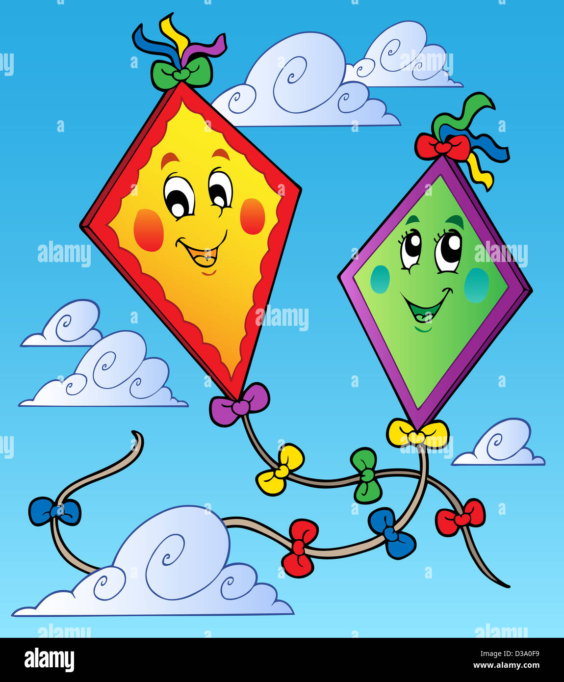 Two flying kites on blue sky - color illustration Stock Photo - Alamy