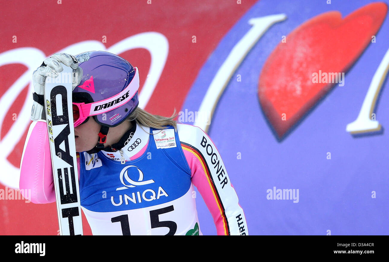 Maria Hoefl-Riesch of Germany reacts during the first run of the women ...