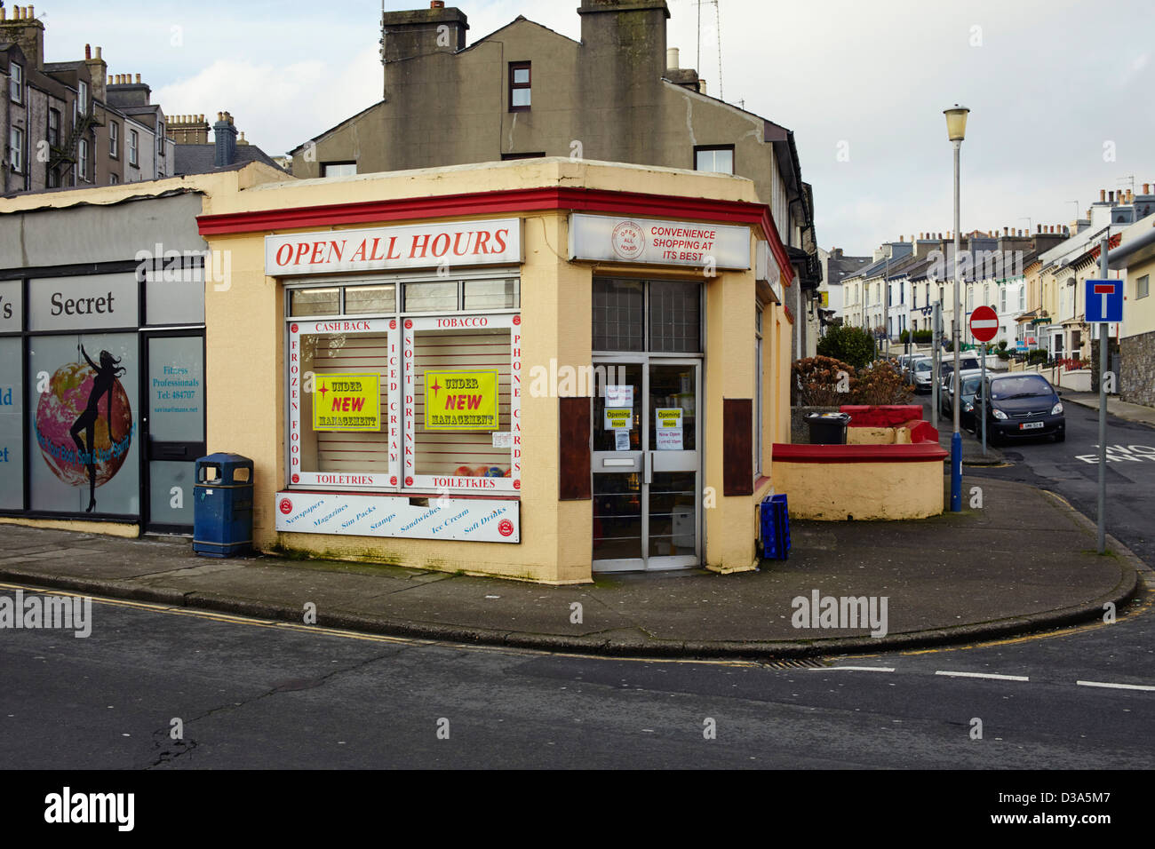 Open all hours shop in Douglas, Isle of Man Stock Photo - Alamy