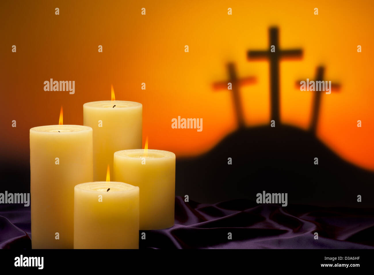 Three crosses symbolic for Jesus crucifixion in Golgotha and candles of ...