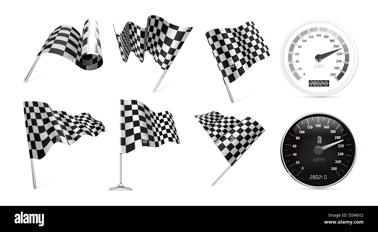 Checkered Flags set with speedometer illustration on white background ...