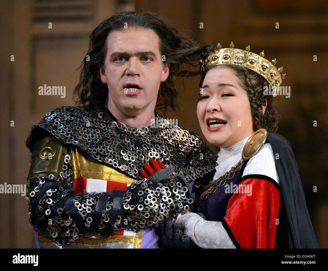 Singers Detlef Roth as Morald and Eun Yee You as Lora perform on stage ...