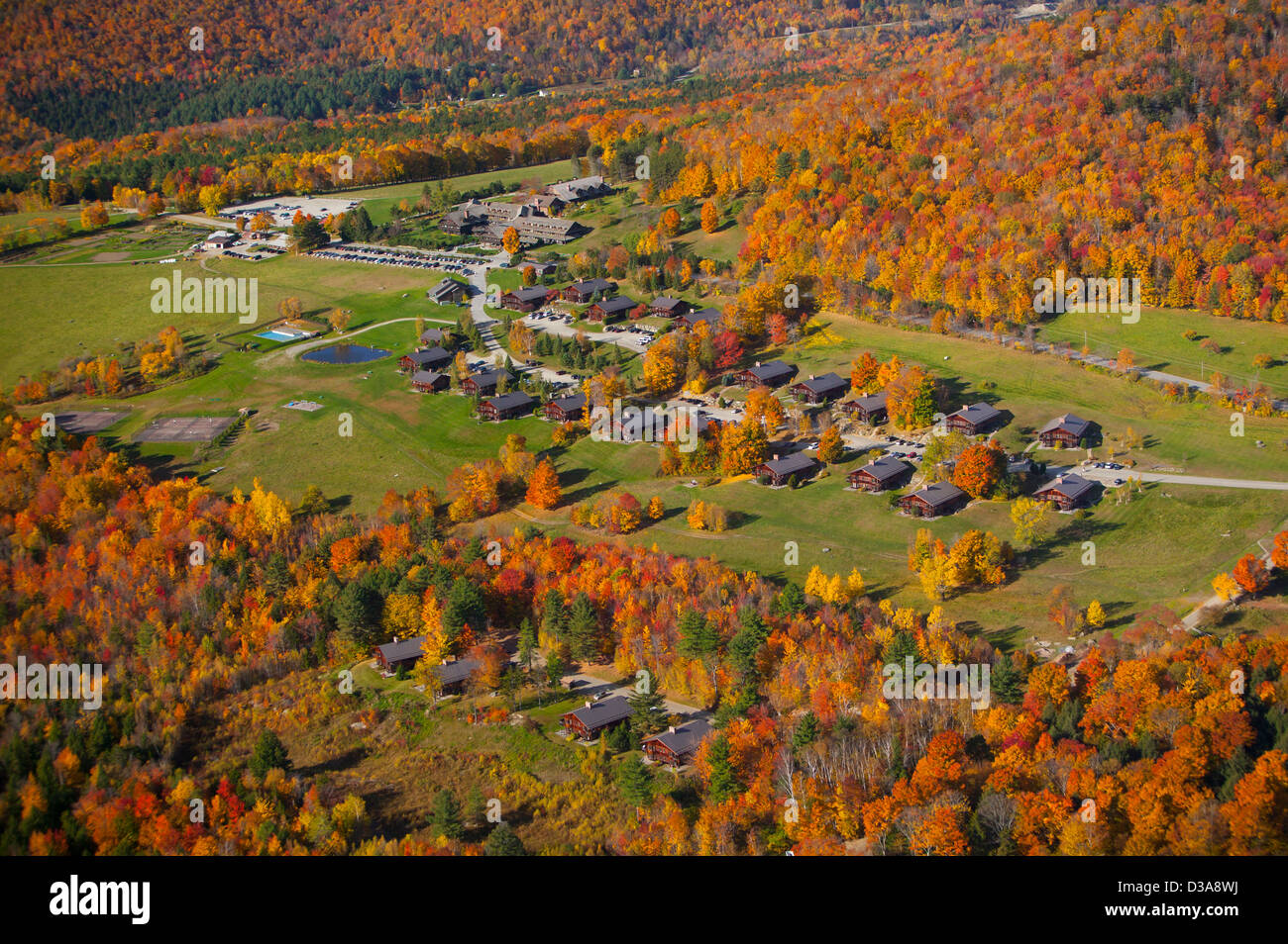 Aerial view of Trapp Family Lodge during peak foliage season, Stowe ...