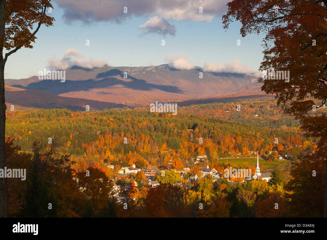 Fall foliage landscape overlooking Stowe Community Church and Stowe ...