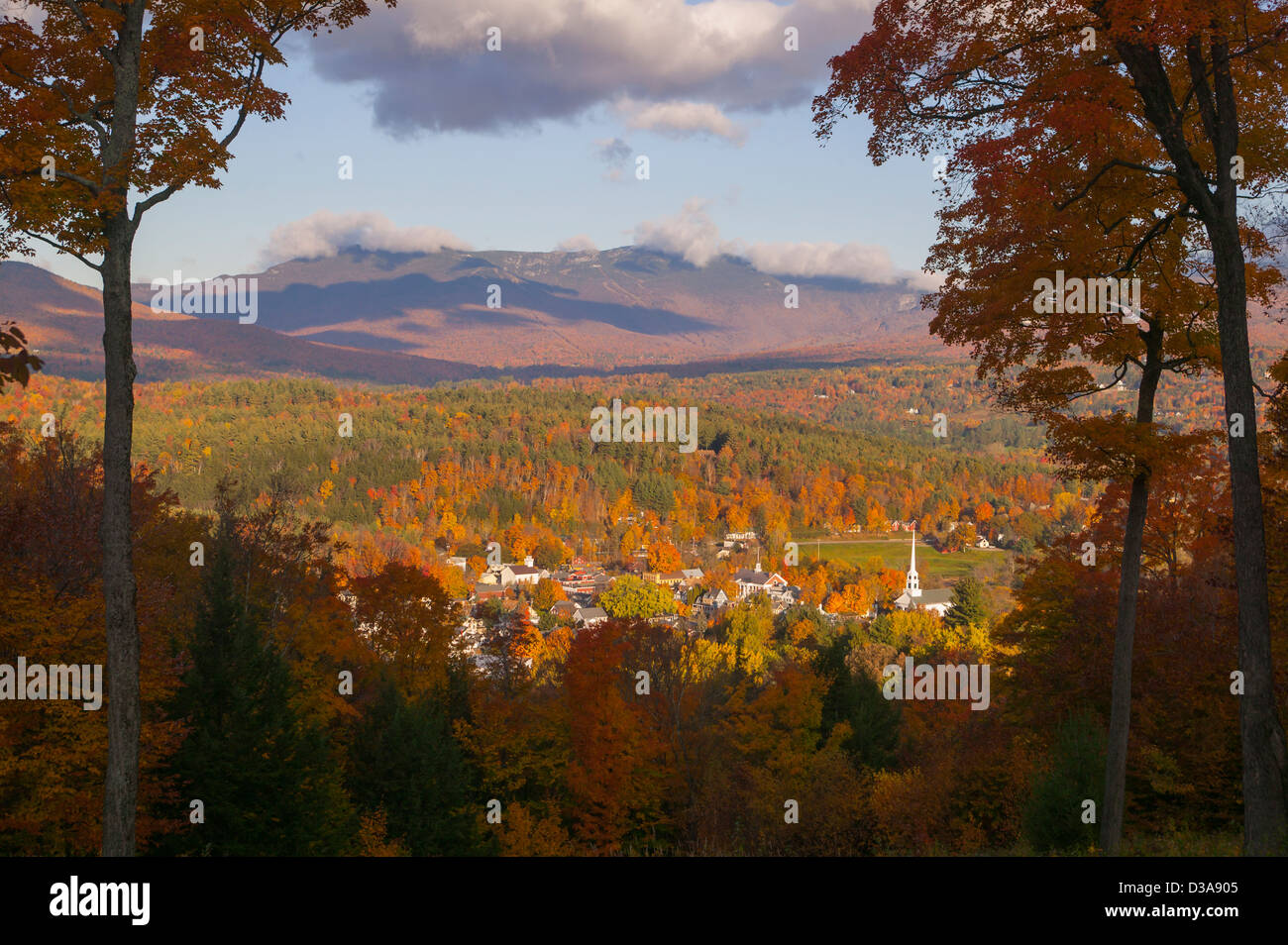 Fall foliage landscape overlooking Stowe Community Church and Stowe ...