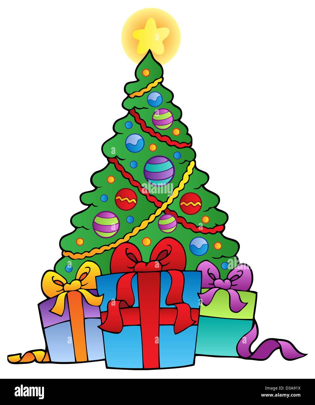 Decorated Christmas tree with gifts - picture illustration Stock Photo ...