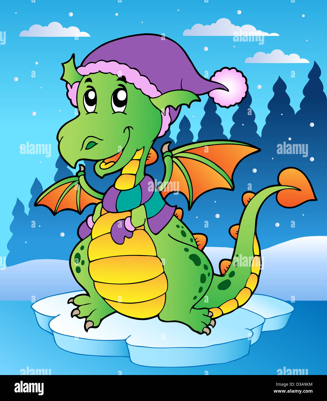 Winter scene with cute dragon - picture illustration Stock Photo - Alamy