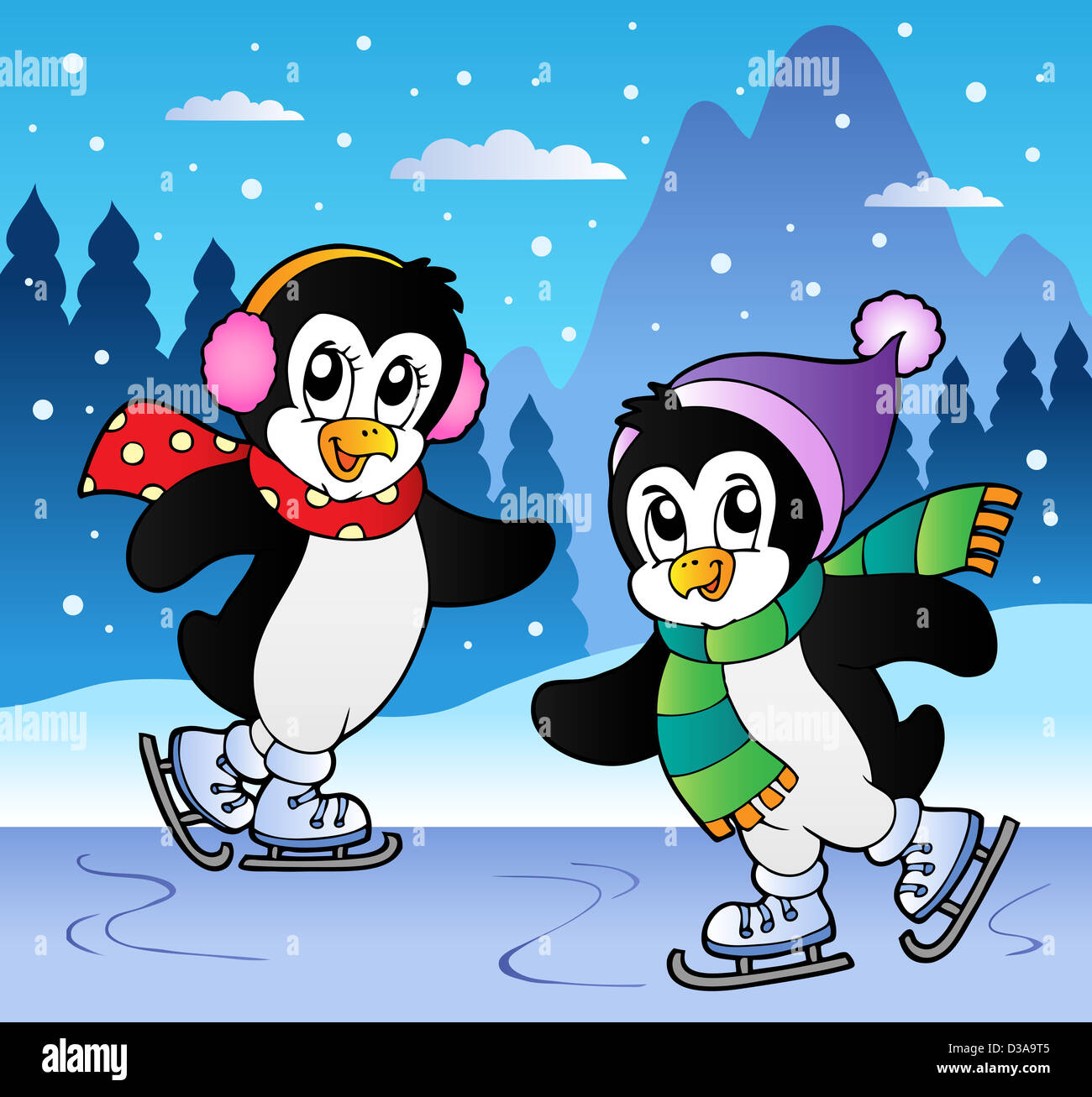 Winter scene with skating penguins - picture illustration Stock Photo ...