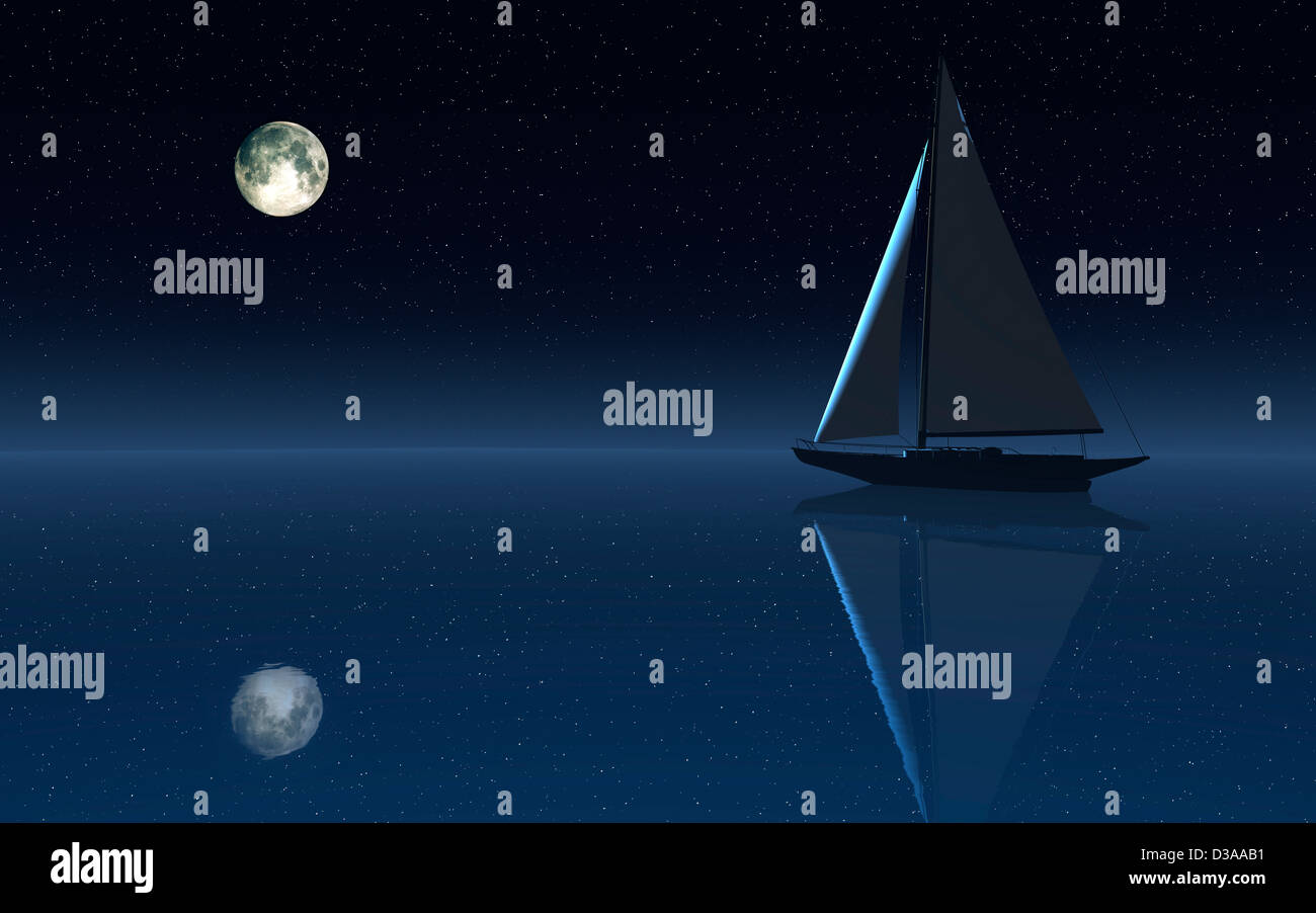 Magical illustration of a sailboat at night on a calm, peaceful sea ...