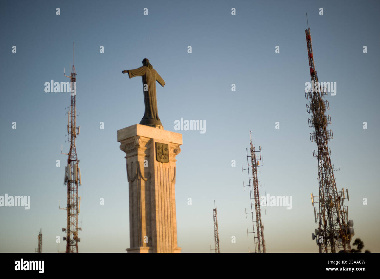 Sculpture of Christ between antennas in Monte Toro, Minorca, Balearic ...