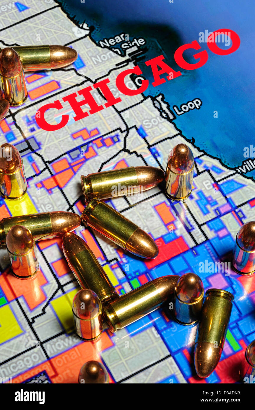 Map of Chicago, Illinois showing rival gang boundaries covered with 9mm ...