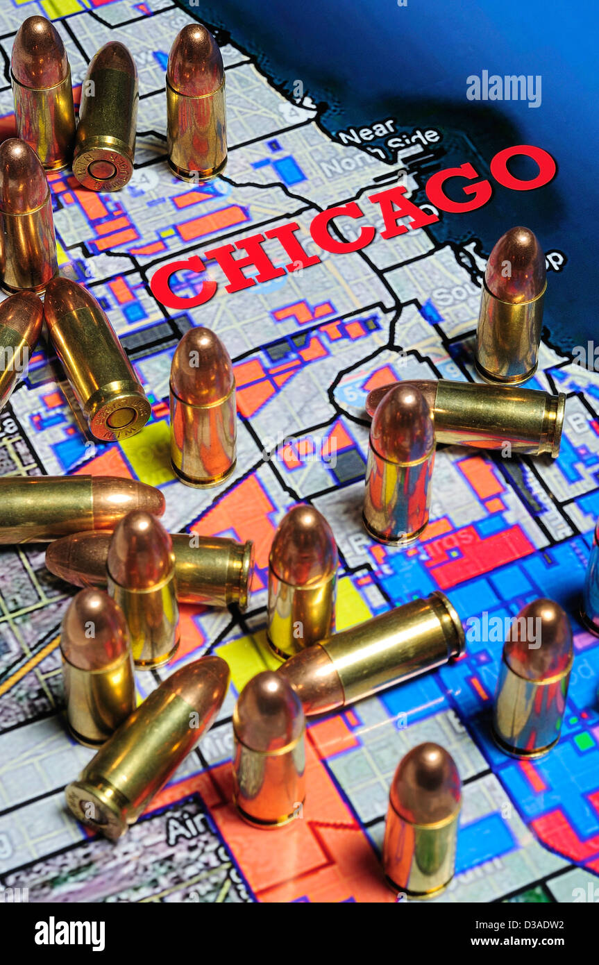 Map of Chicago, Illinois showing rival gang boundaries covered with 9mm ...