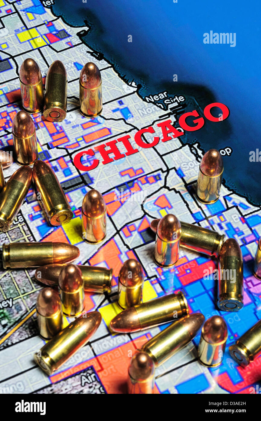 Map of Chicago, Illinois showing rival gang boundaries covered with 9mm ...