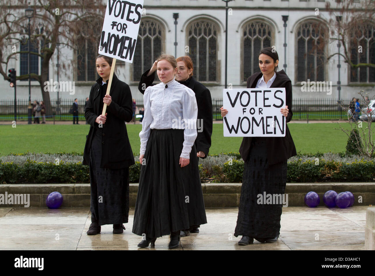 14th February 2013. London UK. Women actors dressed as suffragettes ...