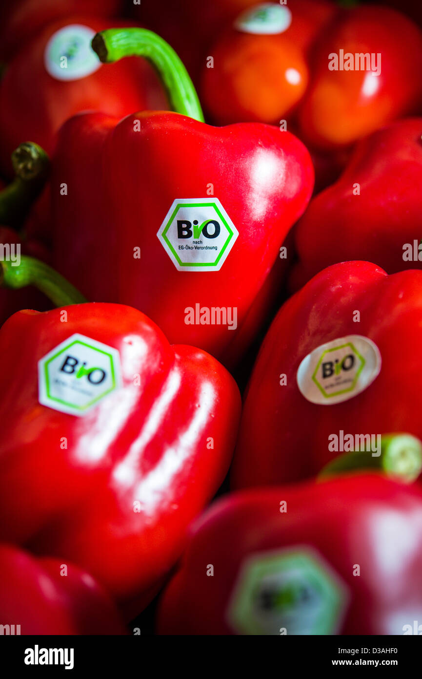 Bell peppers with organic labels sit at the stand of Demeter at the ...