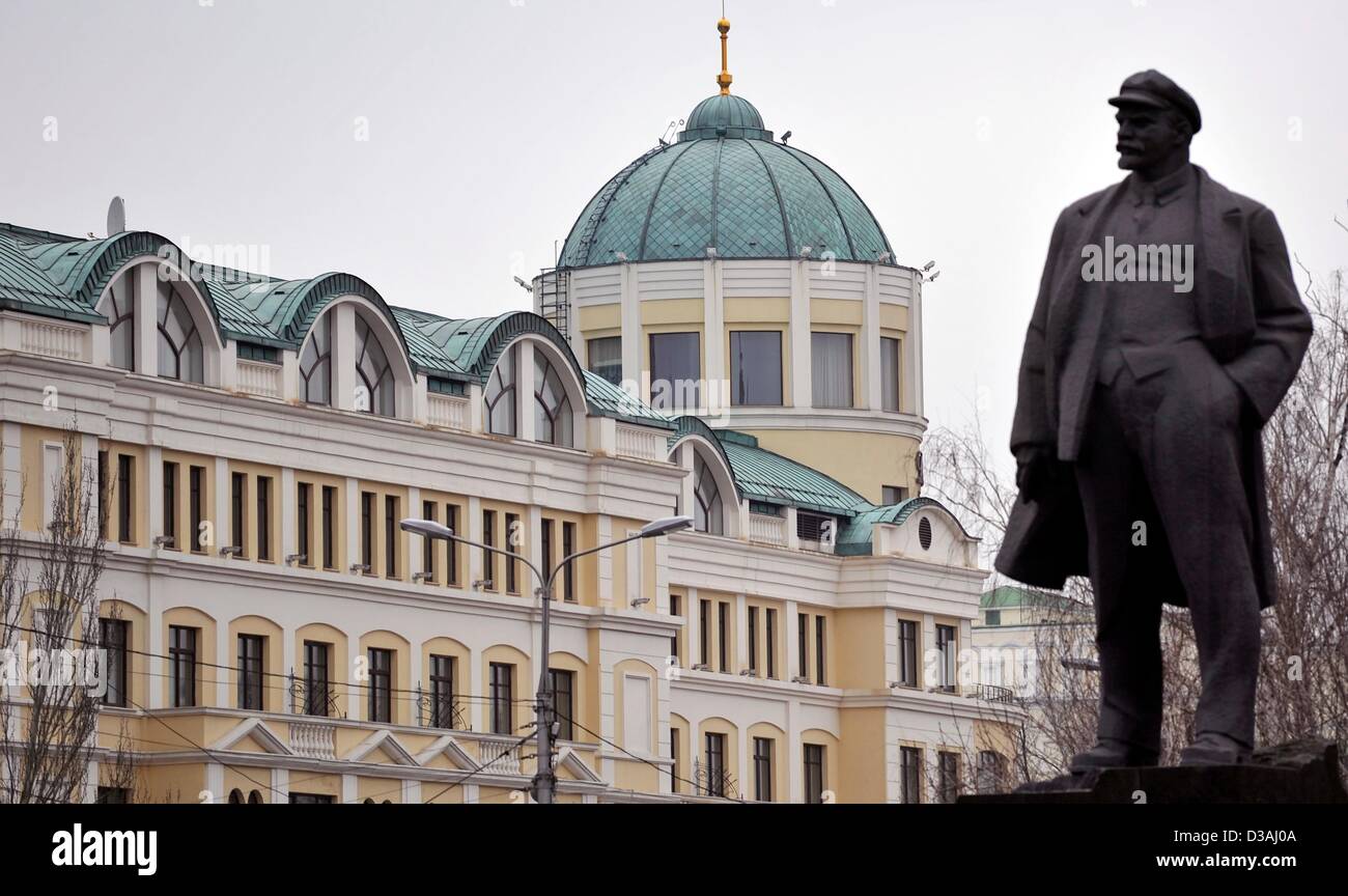 A statue of Lenin stands in front of Donbass Palace, the team hotel of ...