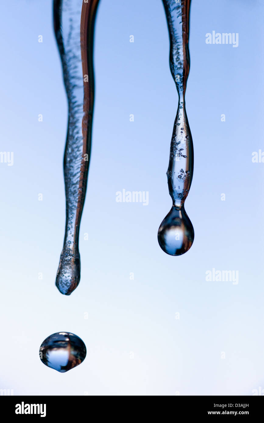 Water droplet falling from icicles, Wallowa Valley, Oregon Stock Photo ...