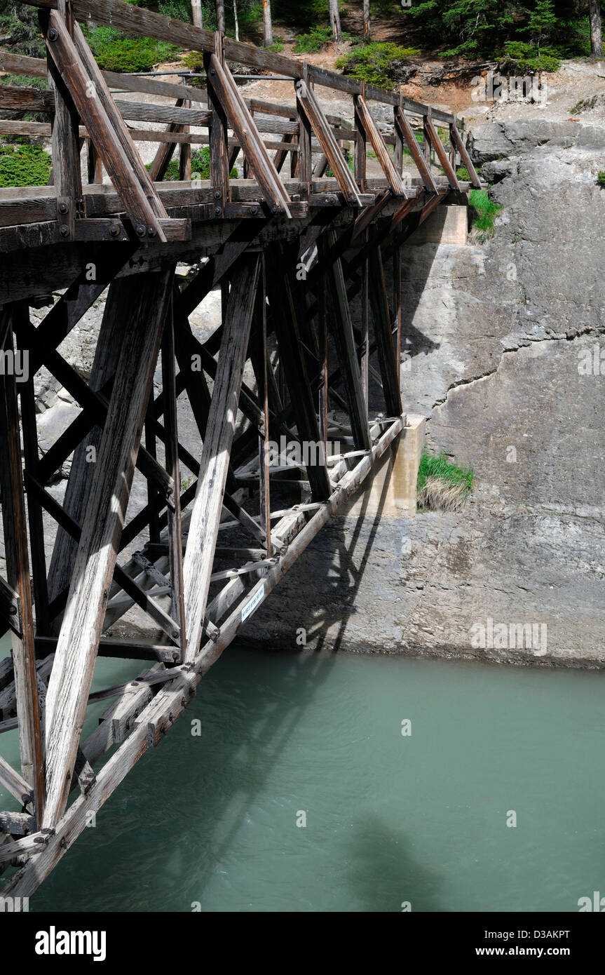 wood wooden footbridge bridge lake minnewanka banff national park ...