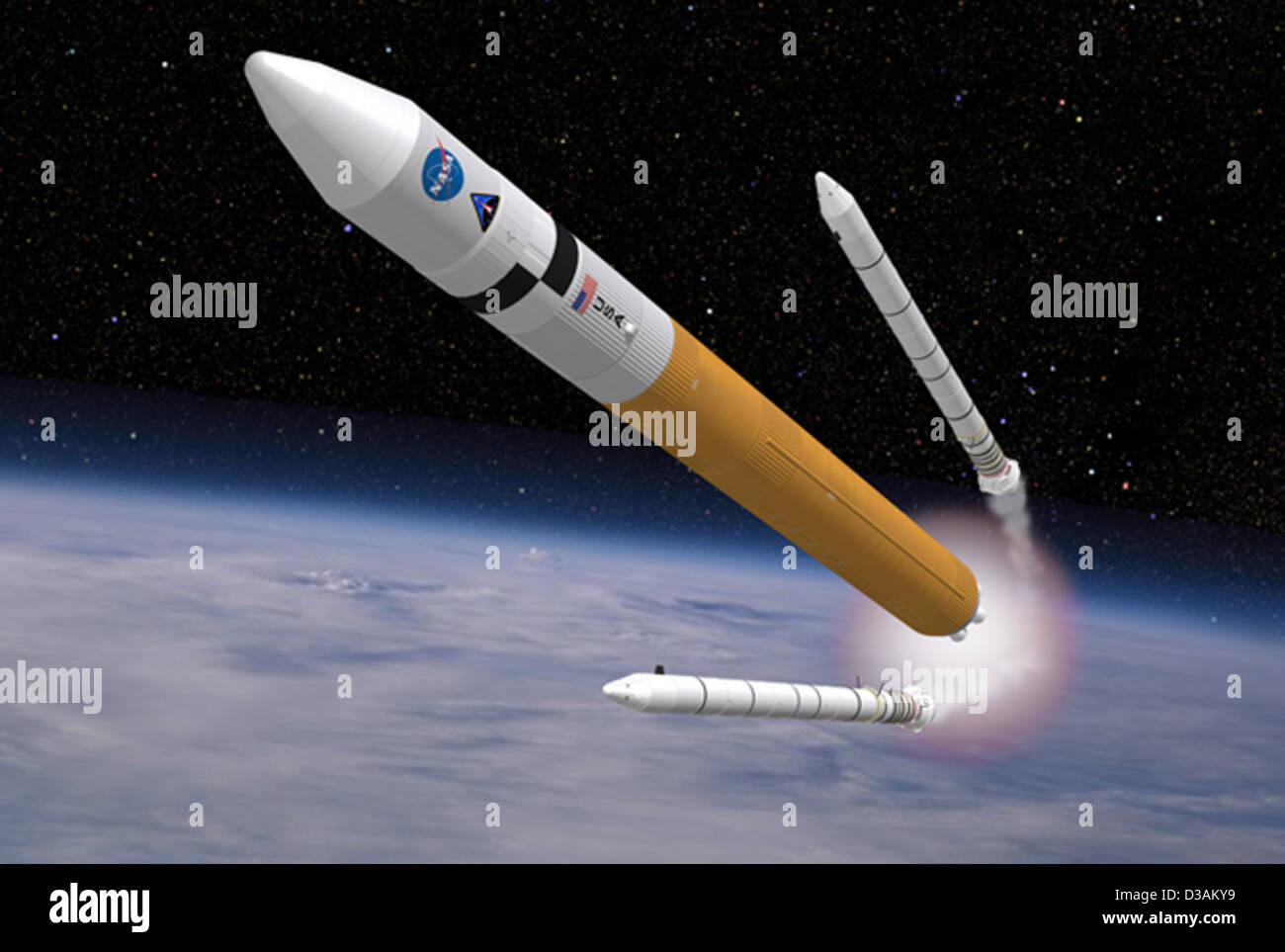 The Ares V rocket in orbit during a test flight in June 2008, part of ...