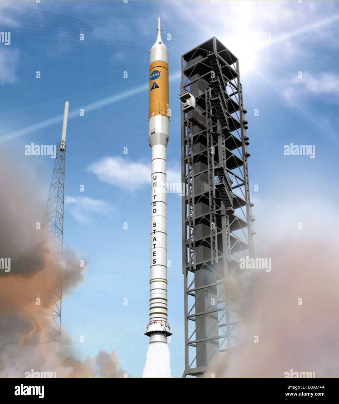 An artist's concept visualizes the launch of the Ares I rocket, a key ...
