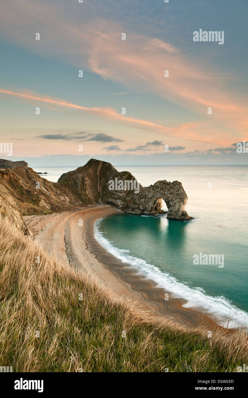 Durdle Door, a natural rock arch, on the Jurassic Coast in Dorset UK ...