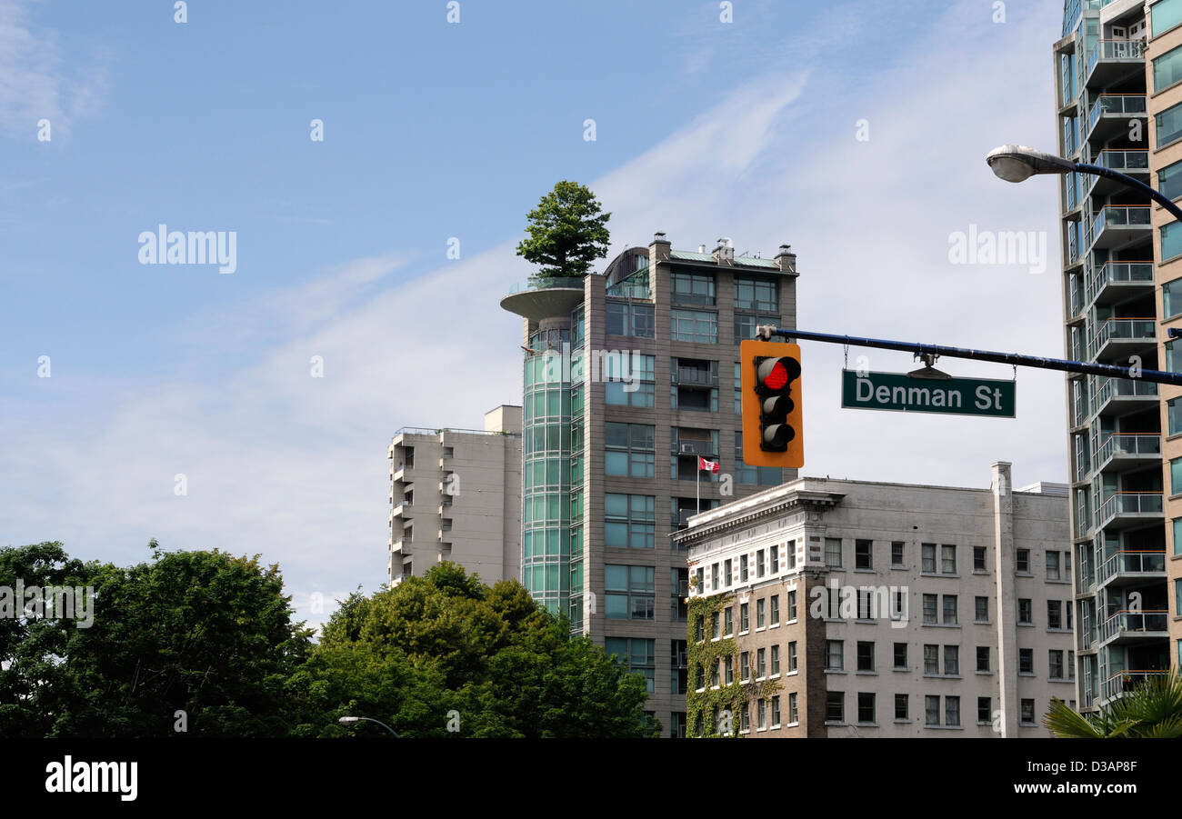 denman street sign vancouver skyscraper tall building highrise ...